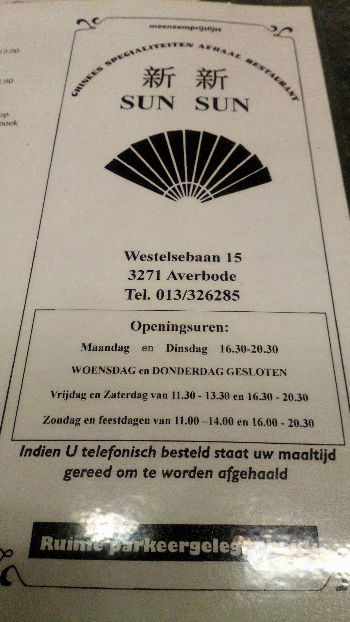 Menu at Sun Sun, Scherpenheuvel-Zichem