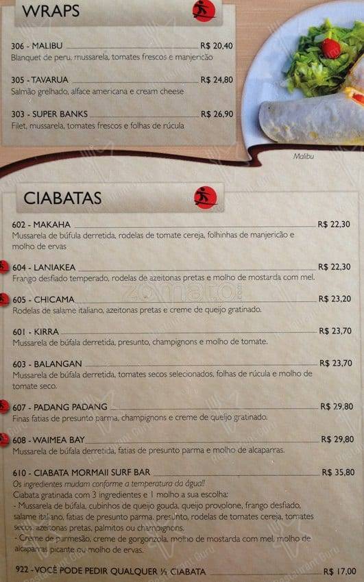 Menu em Surf Bar, Brasília, Pontão Lago Sul