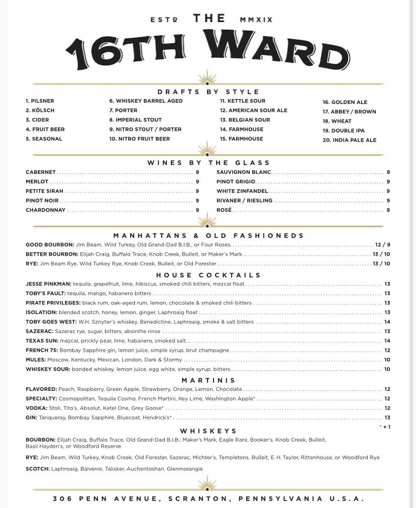 Menu at The 16th Ward pub & bar, Scranton