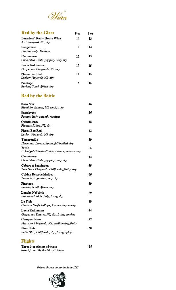 Menu at Old Orchard Inn restaurant, Wolfville