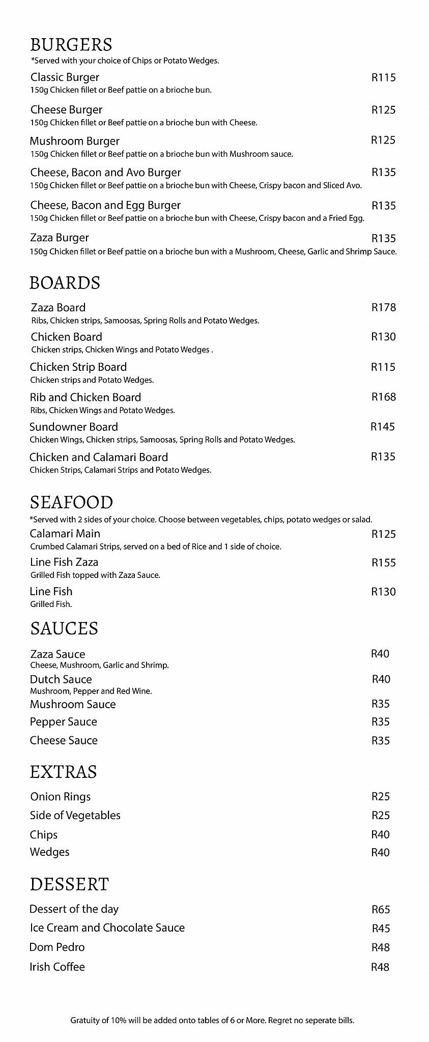 Menu at Zaza Beach Club, East London
