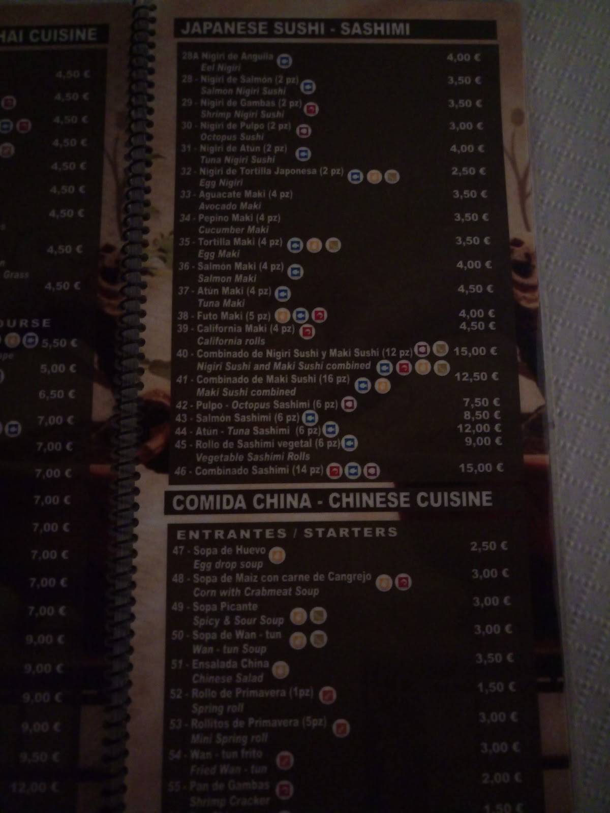 Menu at Zen restaurant, Rota