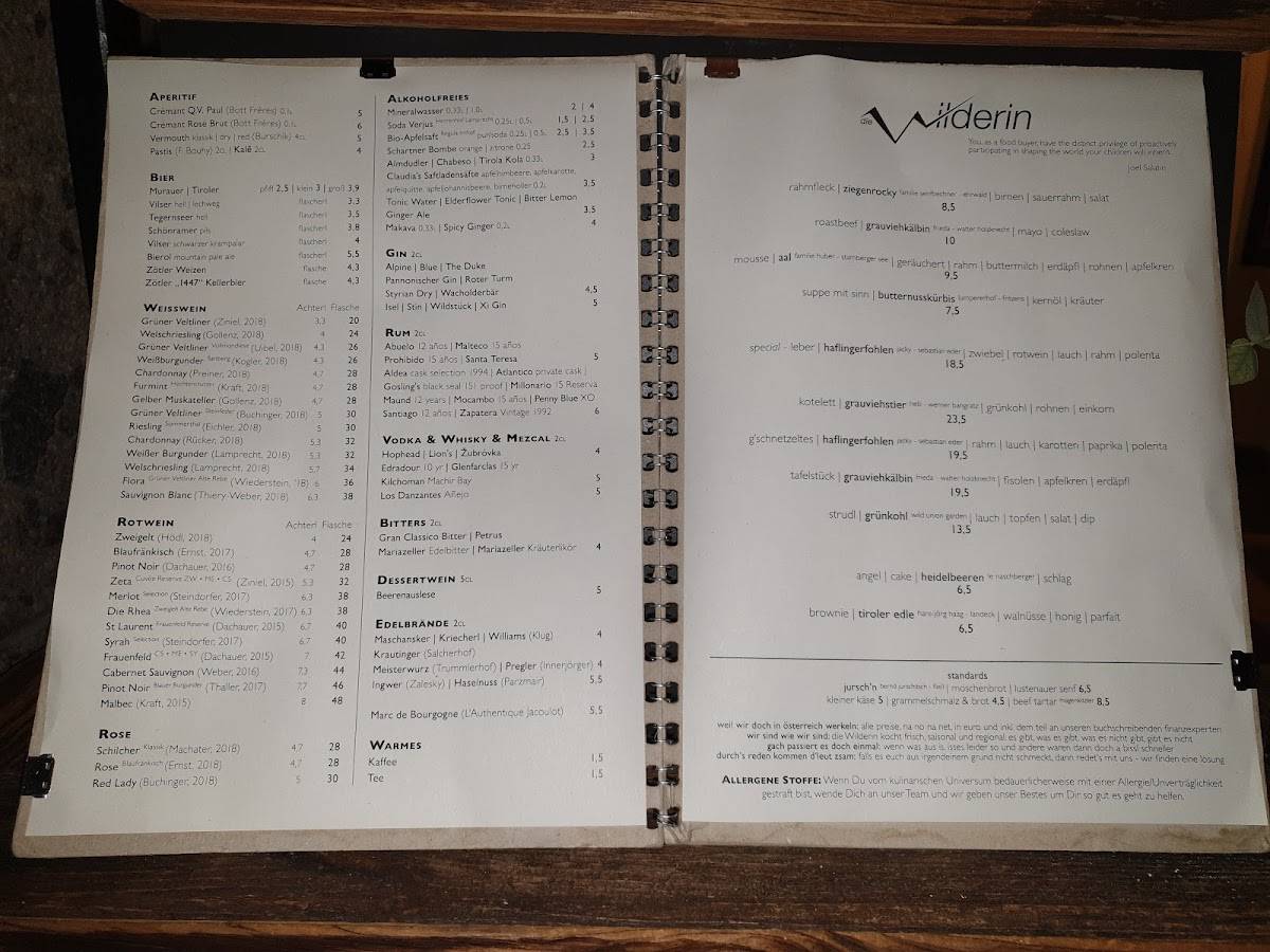 Menu at die Wilderin pub & bar, Innsbruck