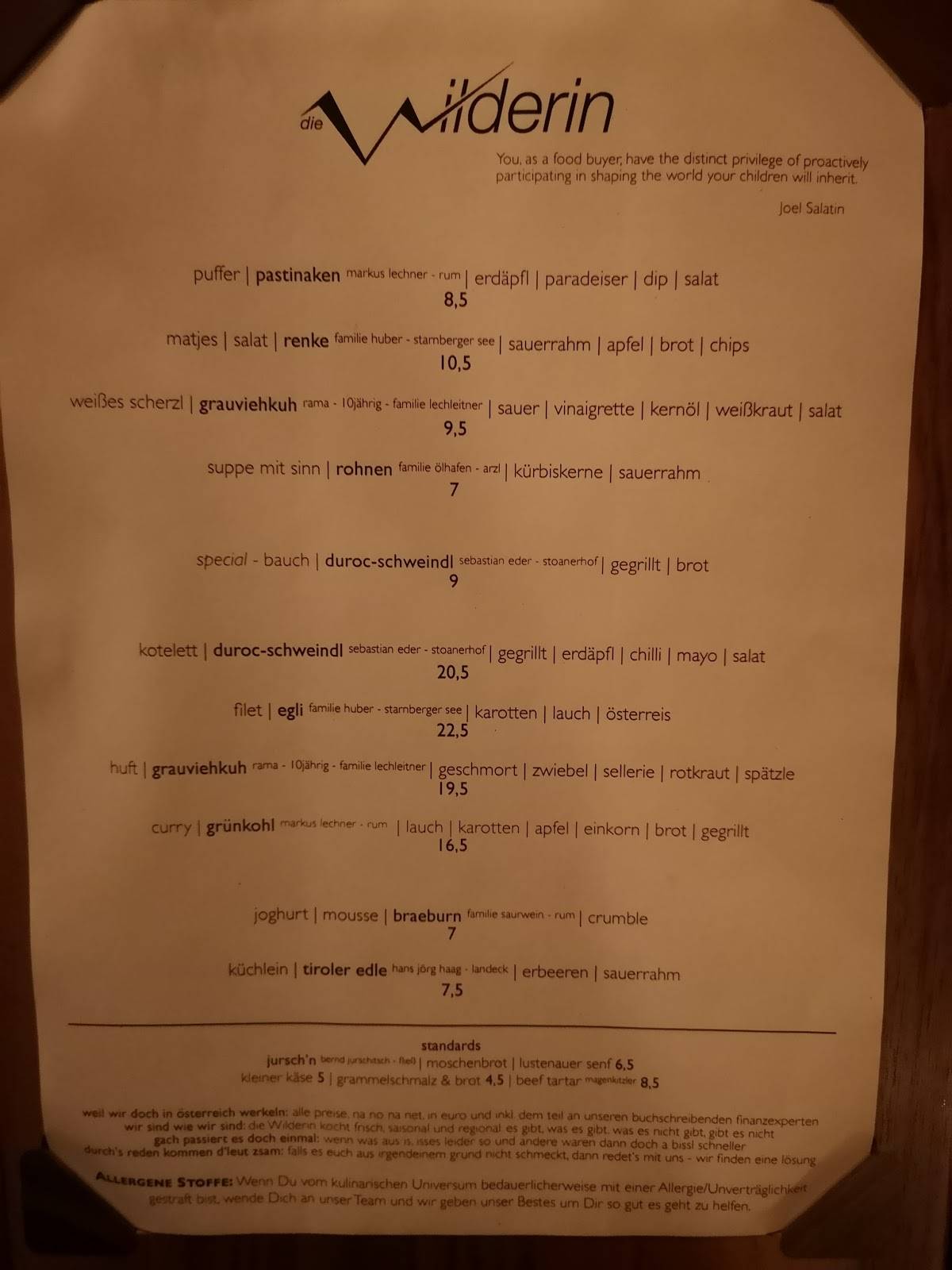 Menu at die Wilderin pub & bar, Innsbruck