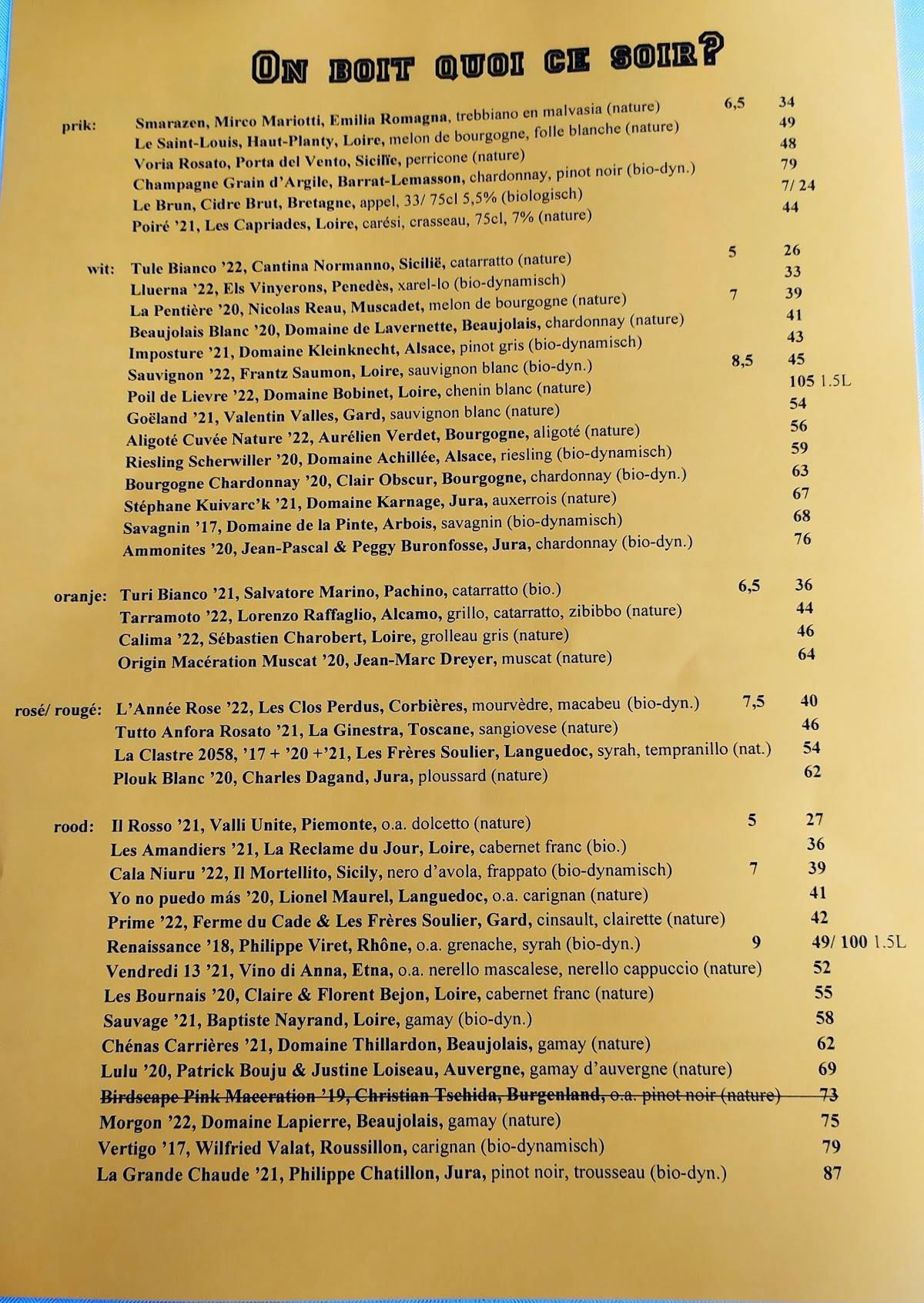 Menu at Hotel De Goudfazant, Amsterdam