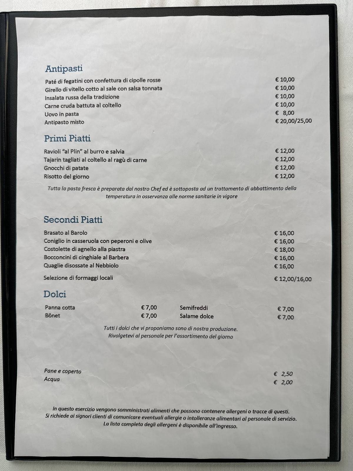 Menu da La Cantinetta ristorante, Barolo