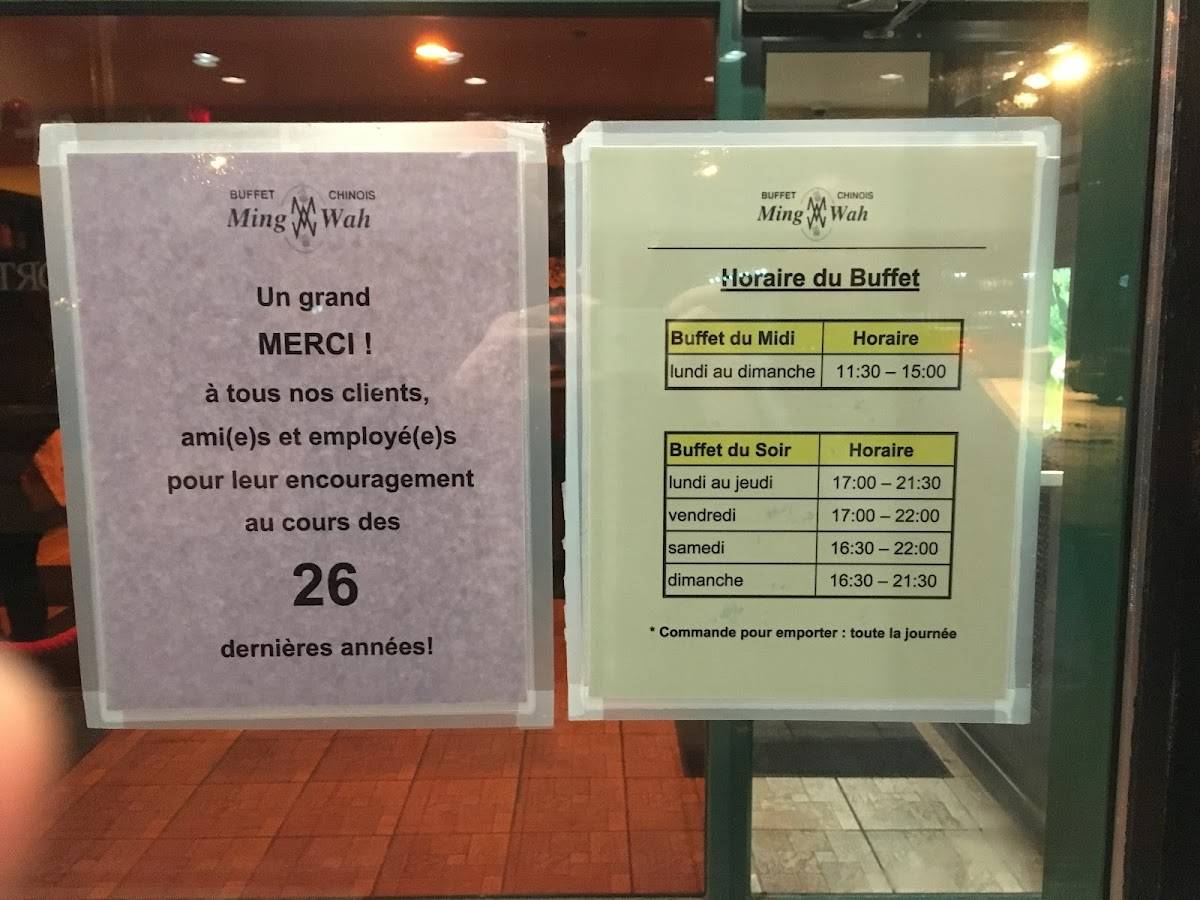 Menu au Buffet Chinois Ming Wah restaurant, Saint-Jérôme
