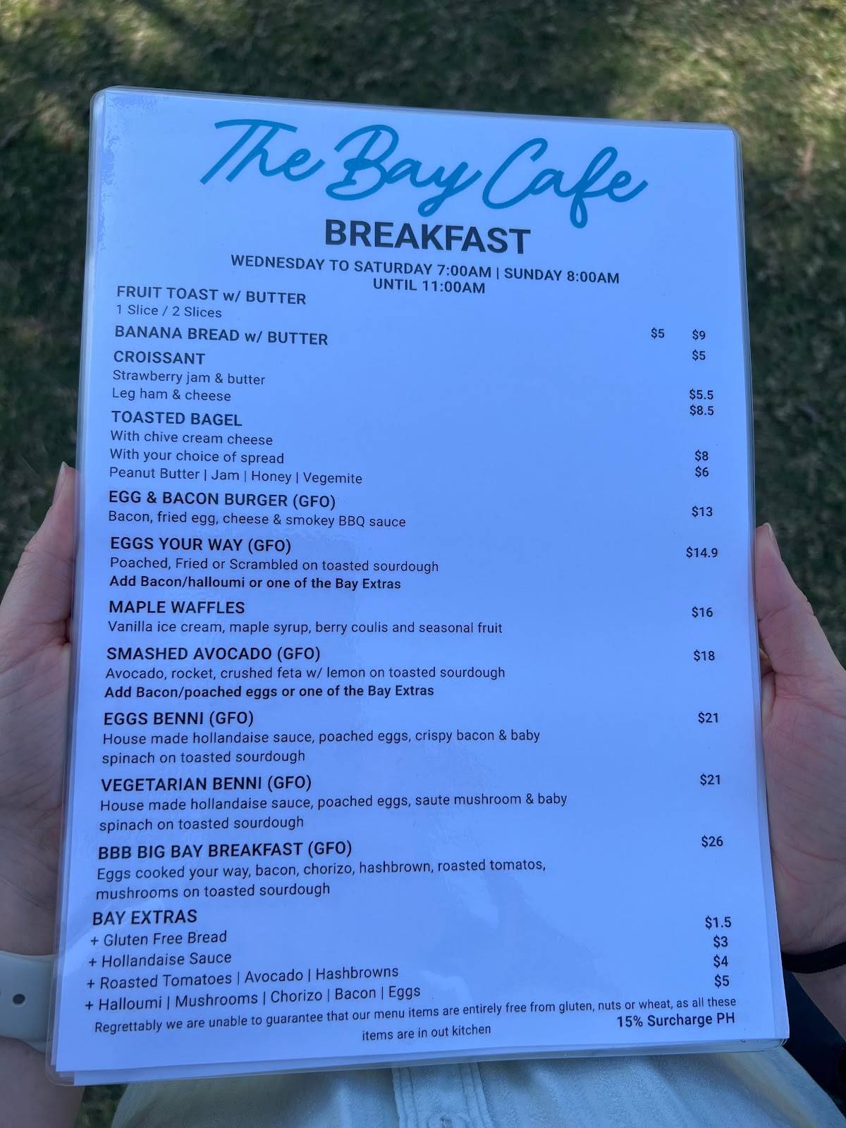 Menu at The Bay Sandgate cafe, Sandgate
