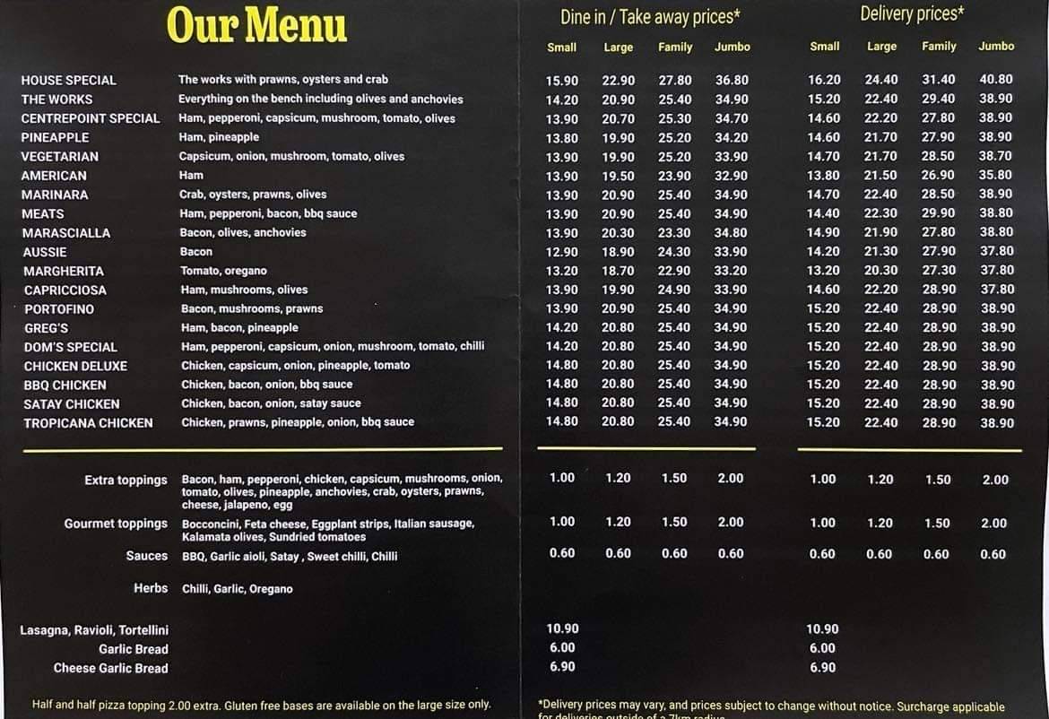 Menu at Centrepoint Pizza pizzeria, Midland