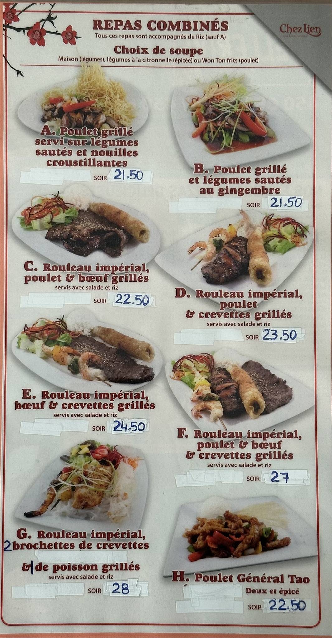 Menu au Chez Lien restaurant, Laval, Bd Curé-Labelle