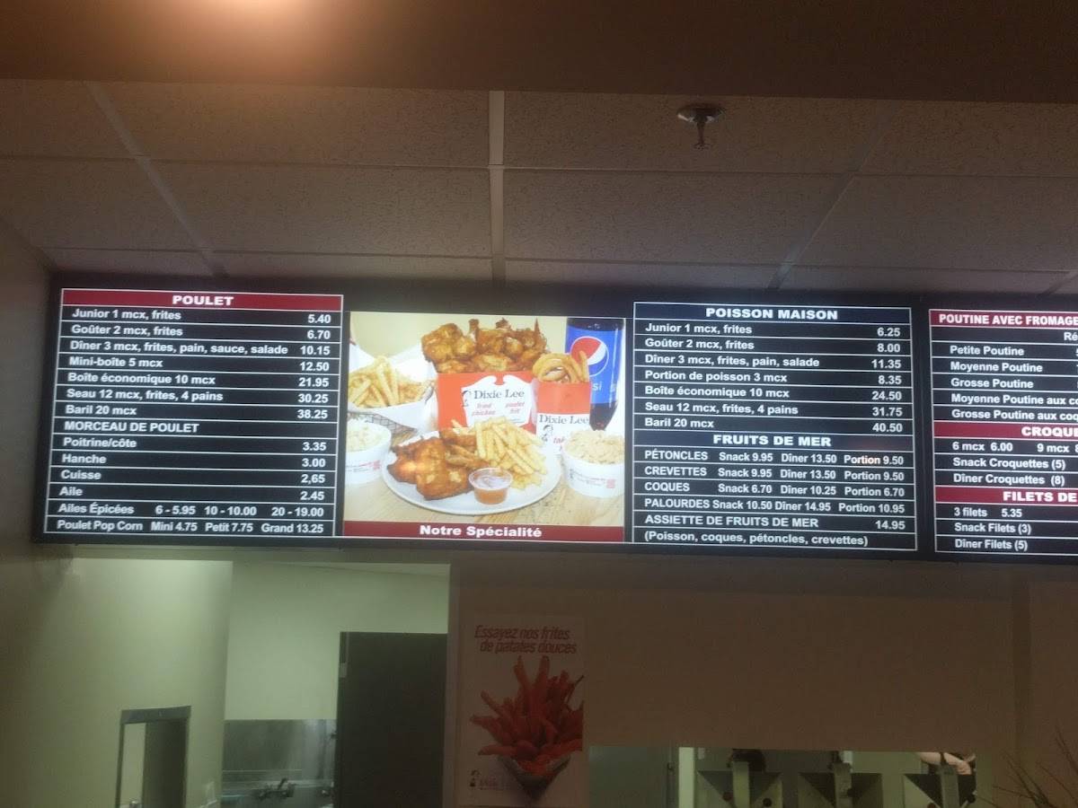 Menu au Dixie Lee fast food, Caraquet