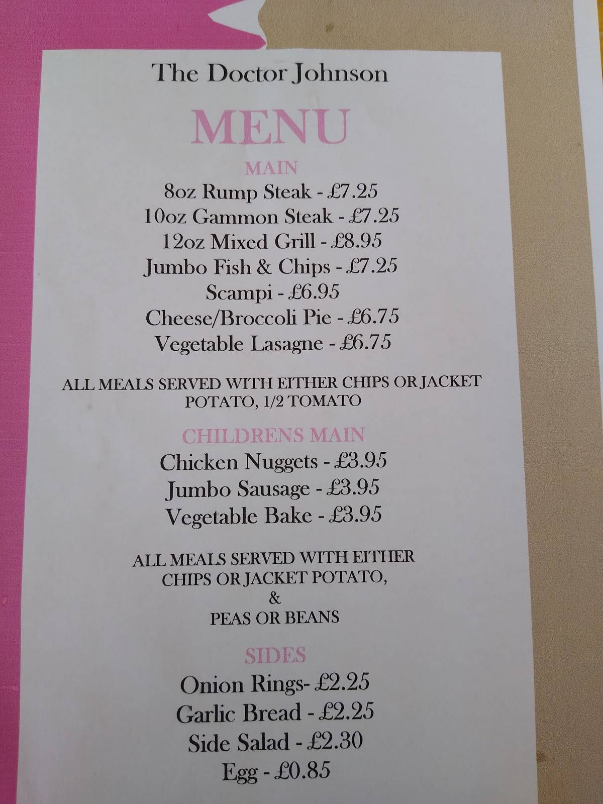 Menu at Doctor Johnson Public House, Lichfield, 116 Netherstowe