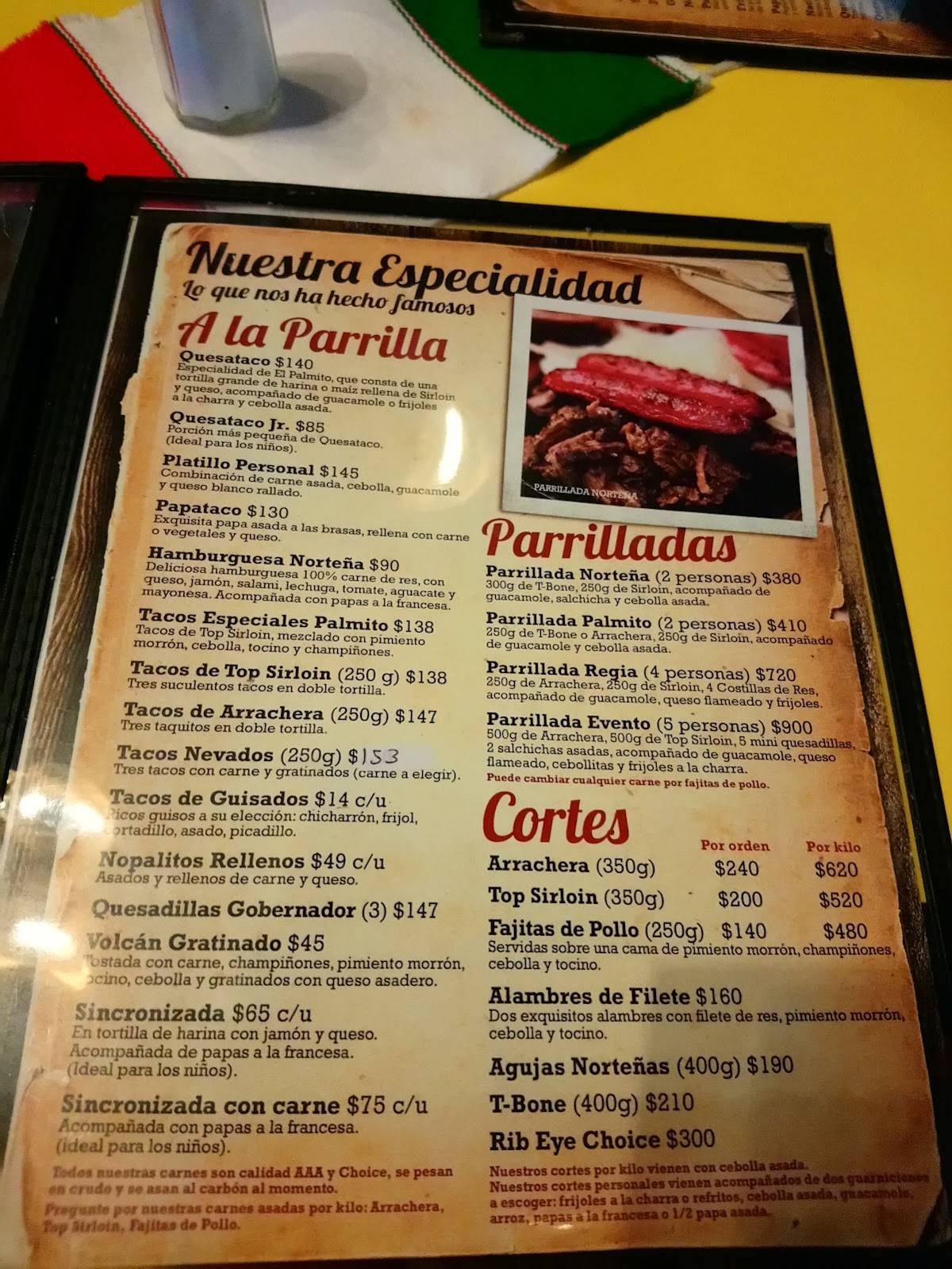 Carta del restaurante El Palmito, Monterrey, Av. Eugenio Garza Sada #3973
