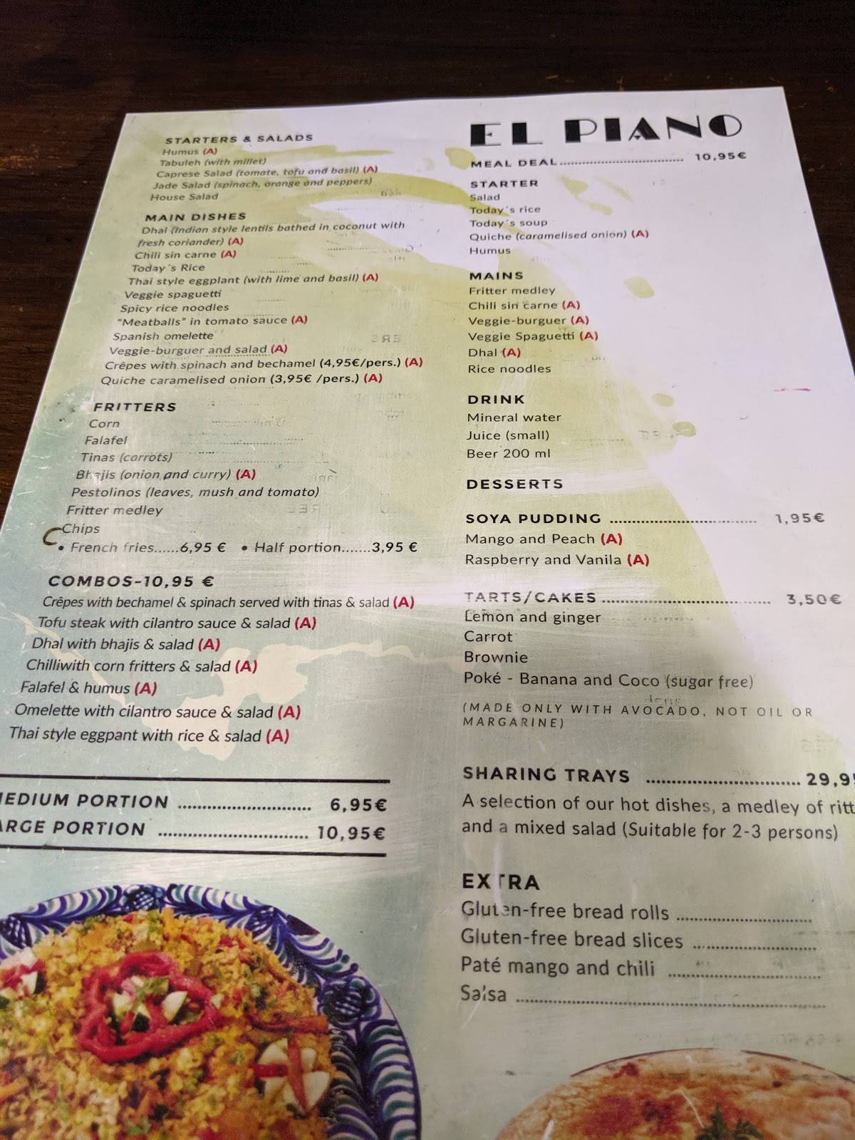 Carta del restaurante El Piano, Granada, C. Santiago