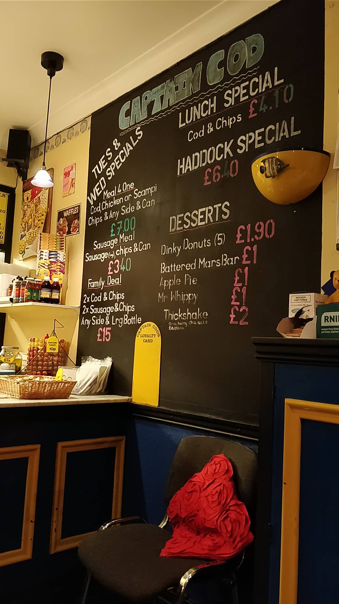 Menu at Captain Cod fast food, Christchurch