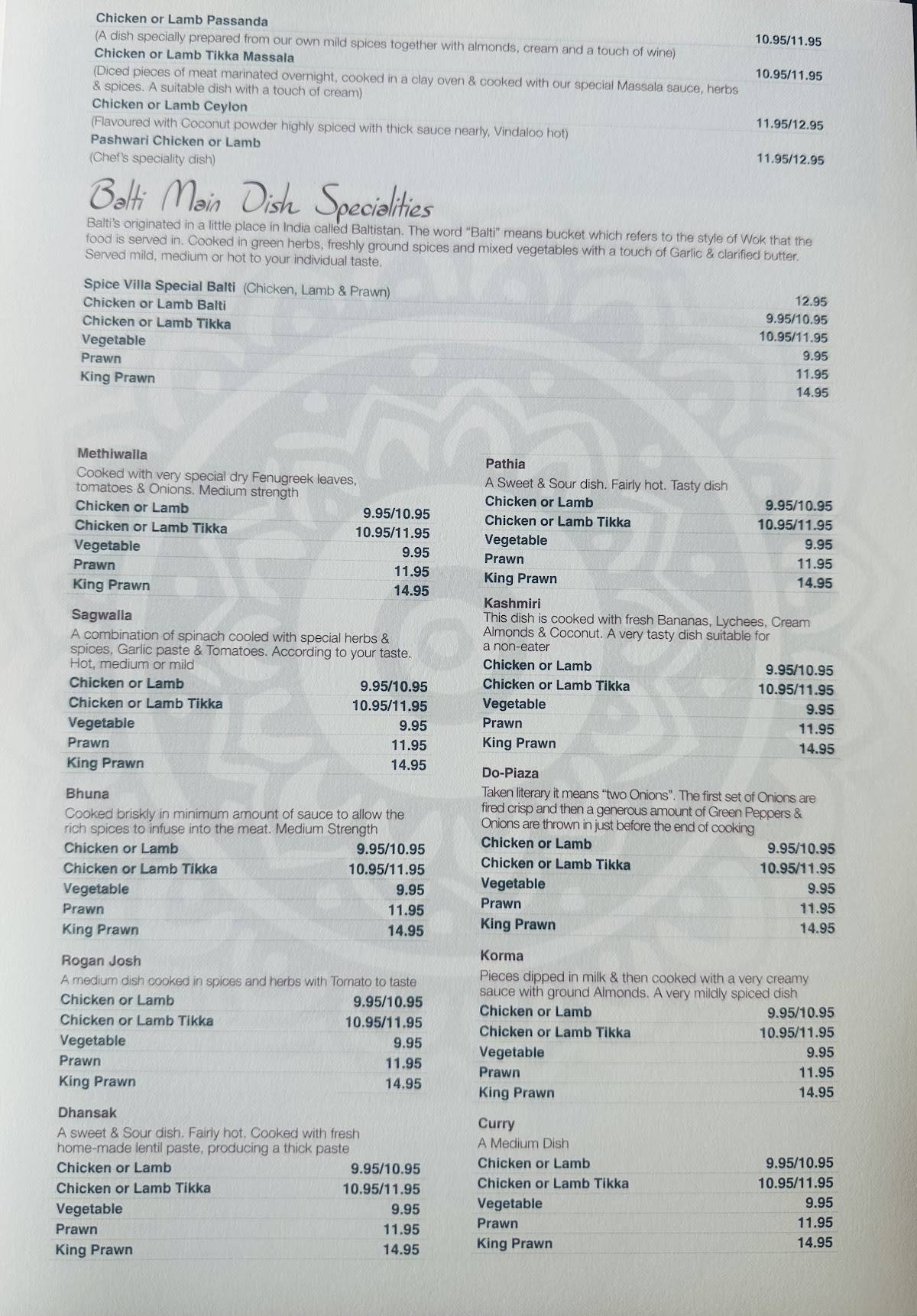 Menu at Spice Villa Indian Restaurant, Chard