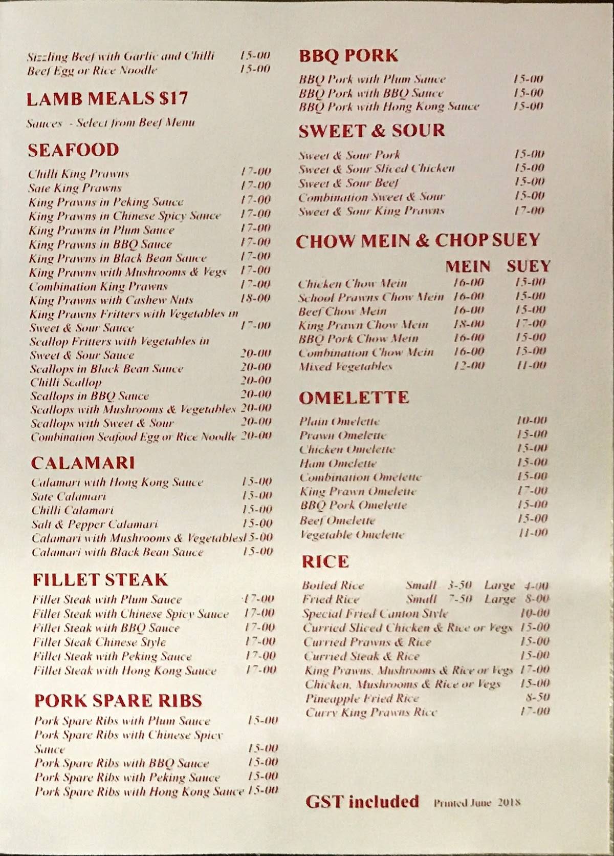 Menu at Sun Lee Chinese Take Away Food fast food, Unanderra