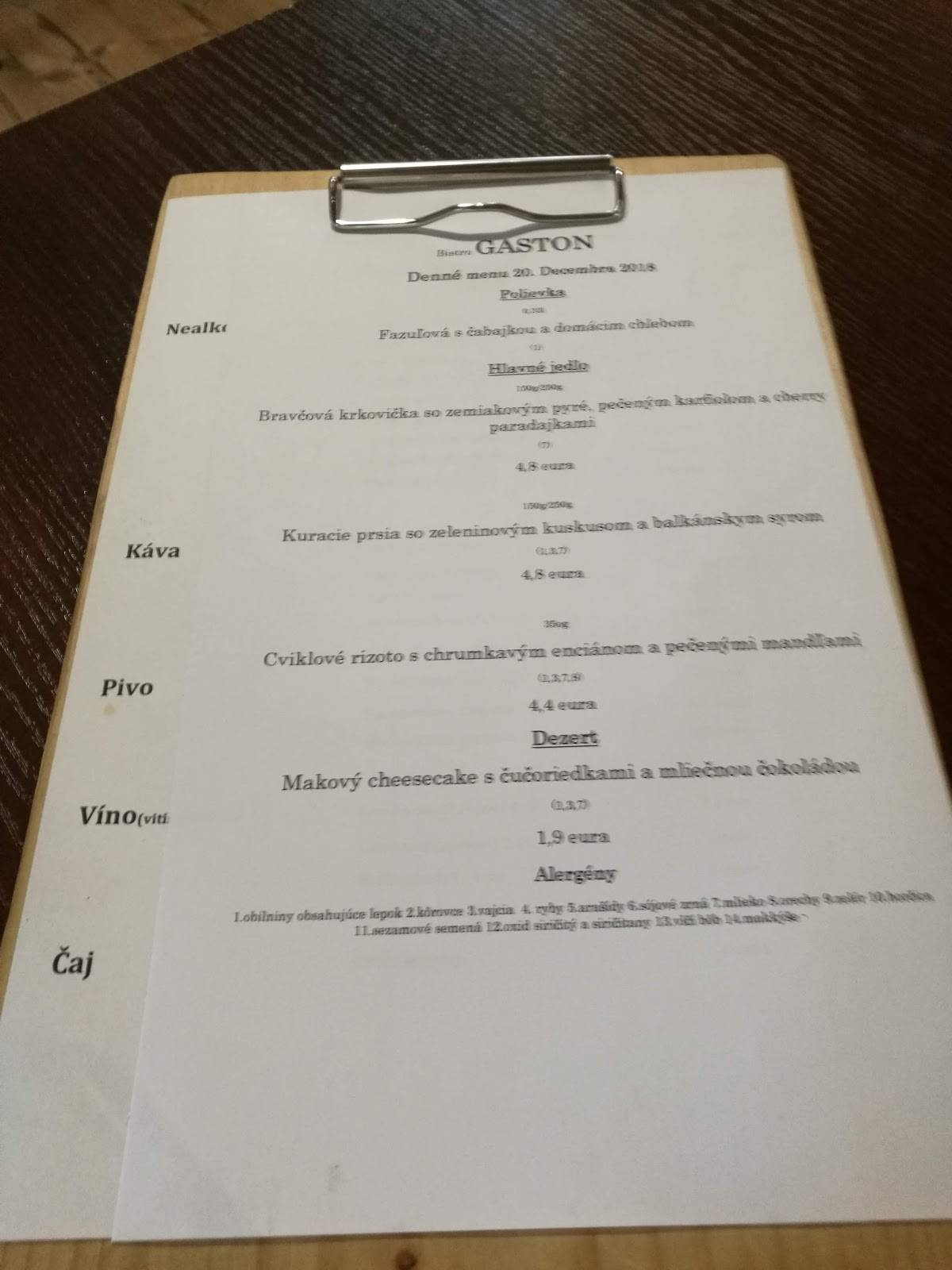 Menu at Gaston restaurant, Čadca