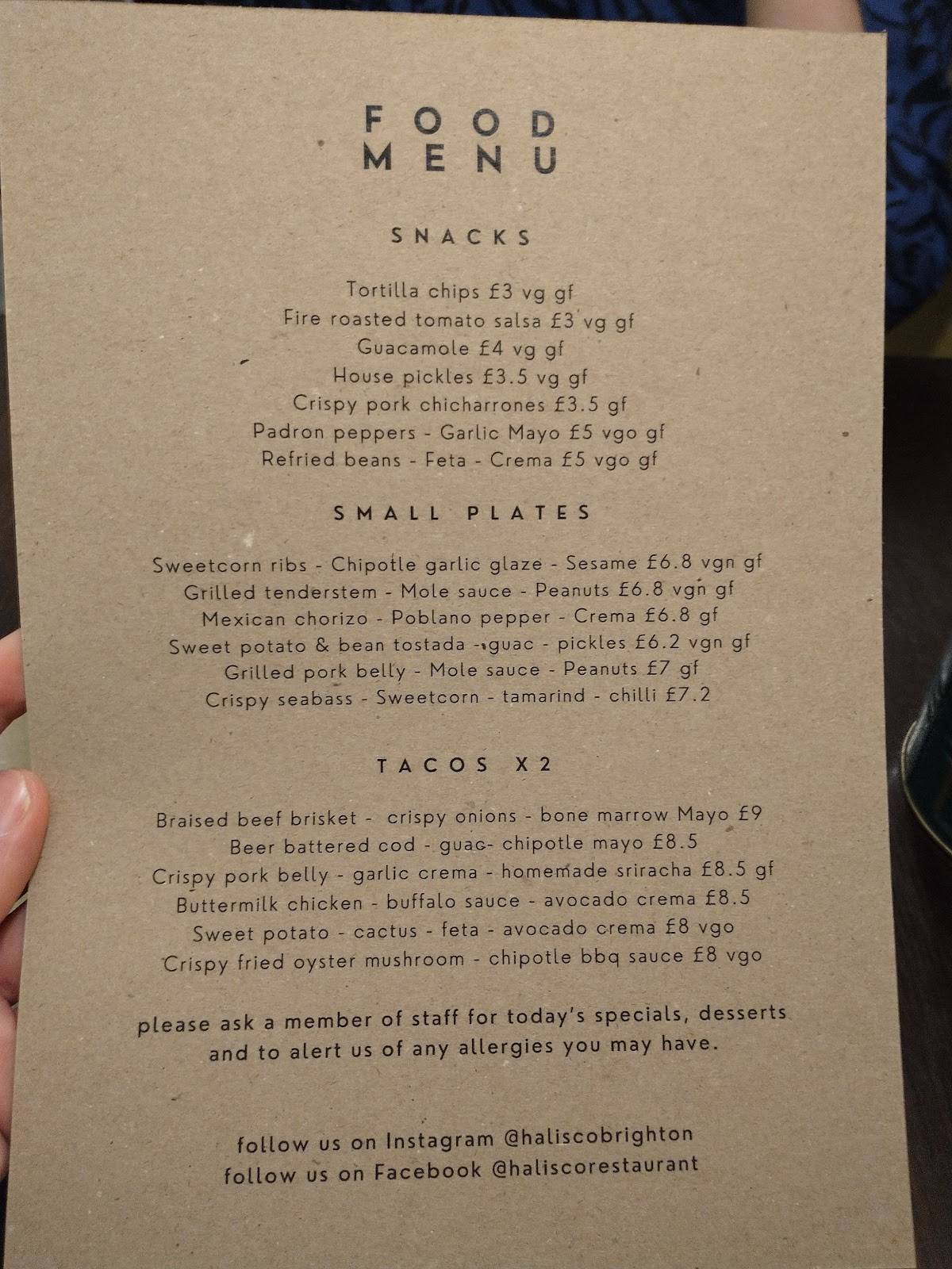 Menu at Halisco restaurant, Brighton