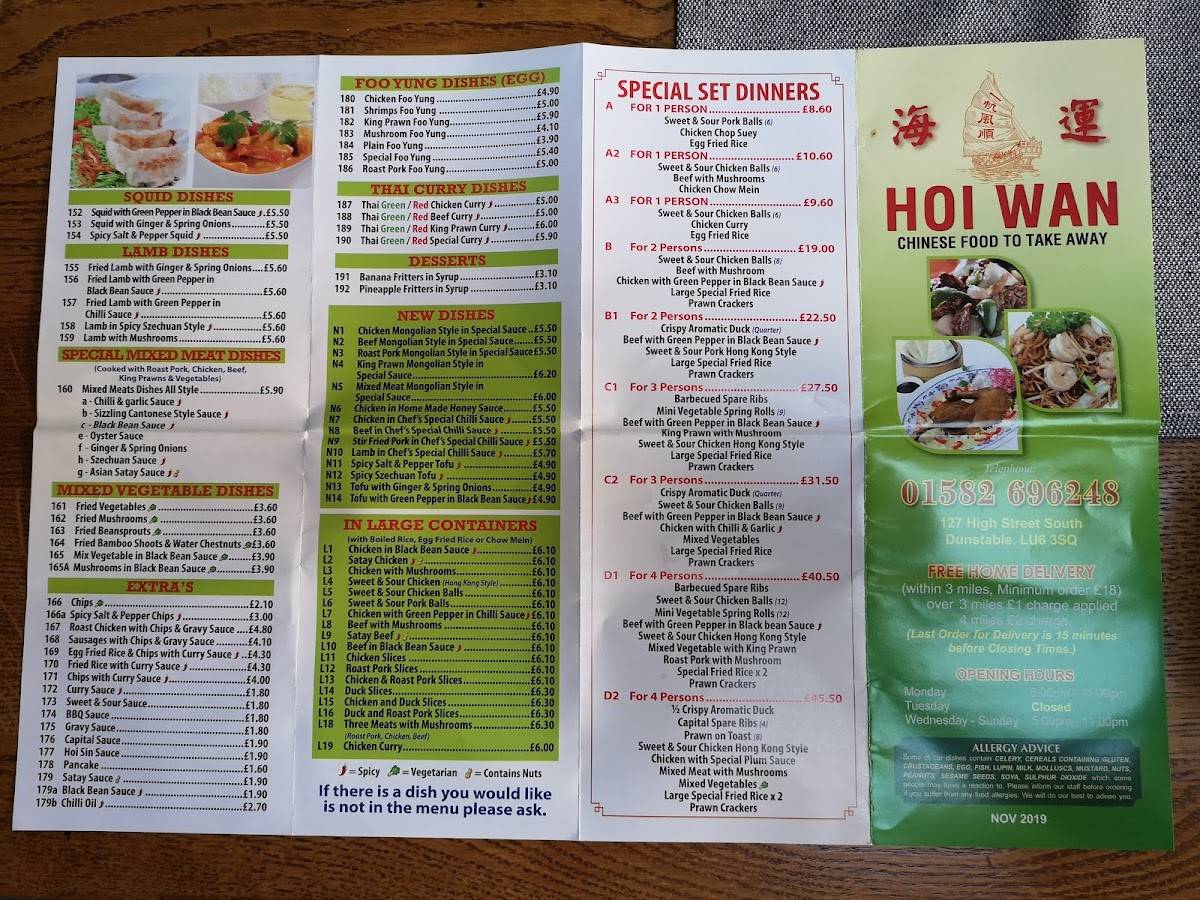 Menu at Hoi Wan fast food, Dunstable