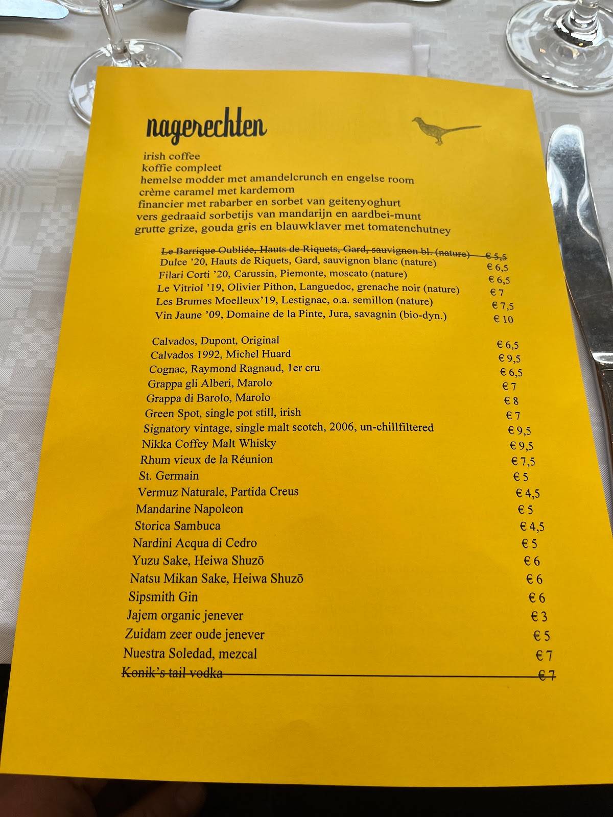 Menu at Hotel De Goudfazant, Amsterdam