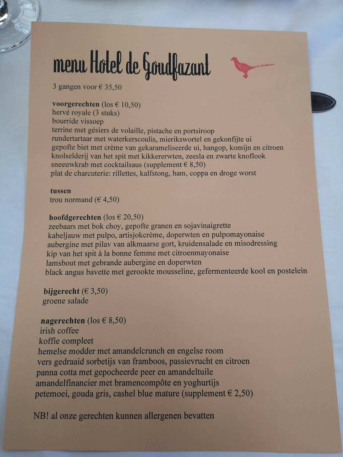 Menu at Hotel De Goudfazant, Amsterdam