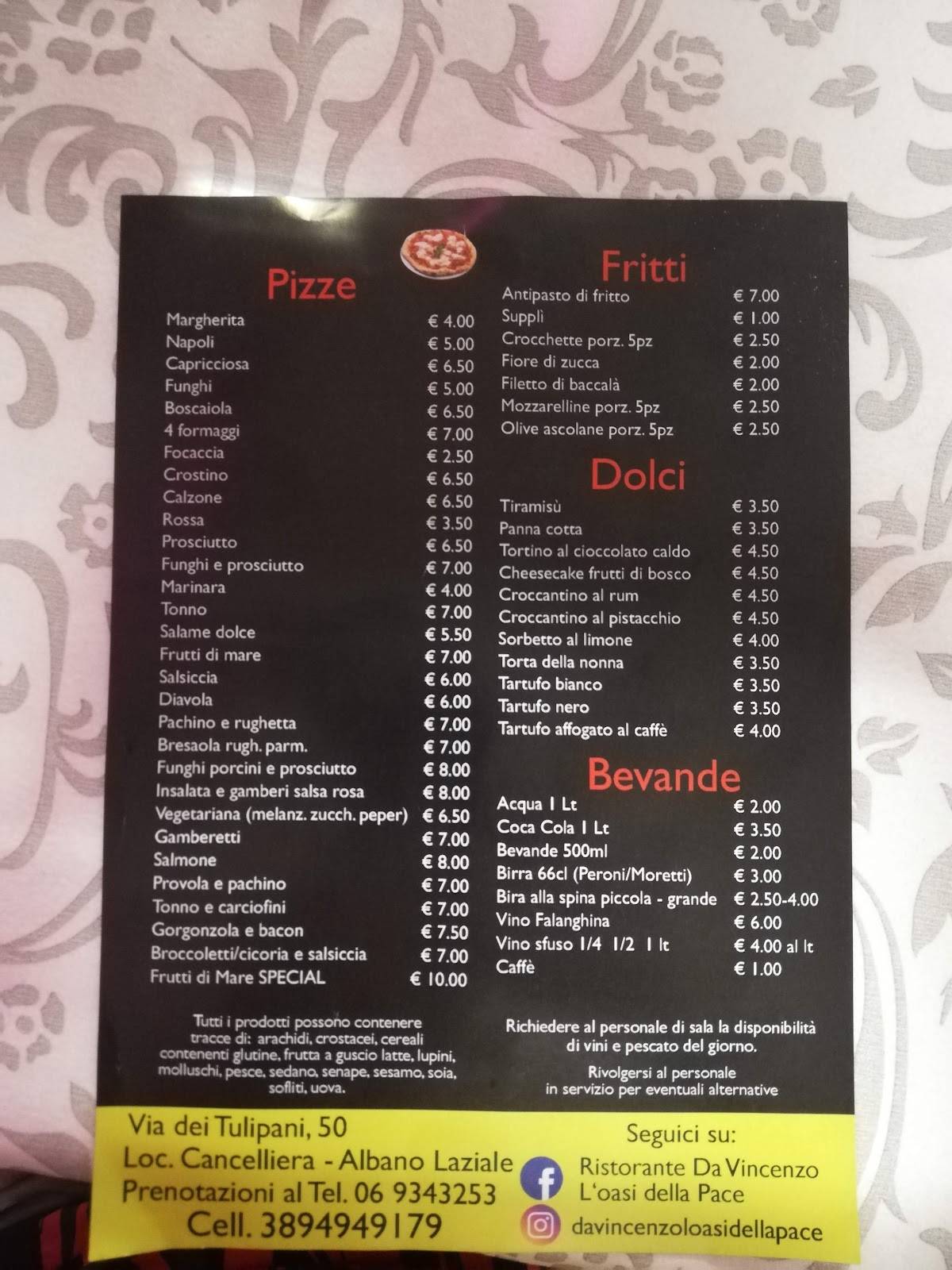 Menu da Ristorante Da Vincenzo L'Oasi della Pace, Albano Laziale
