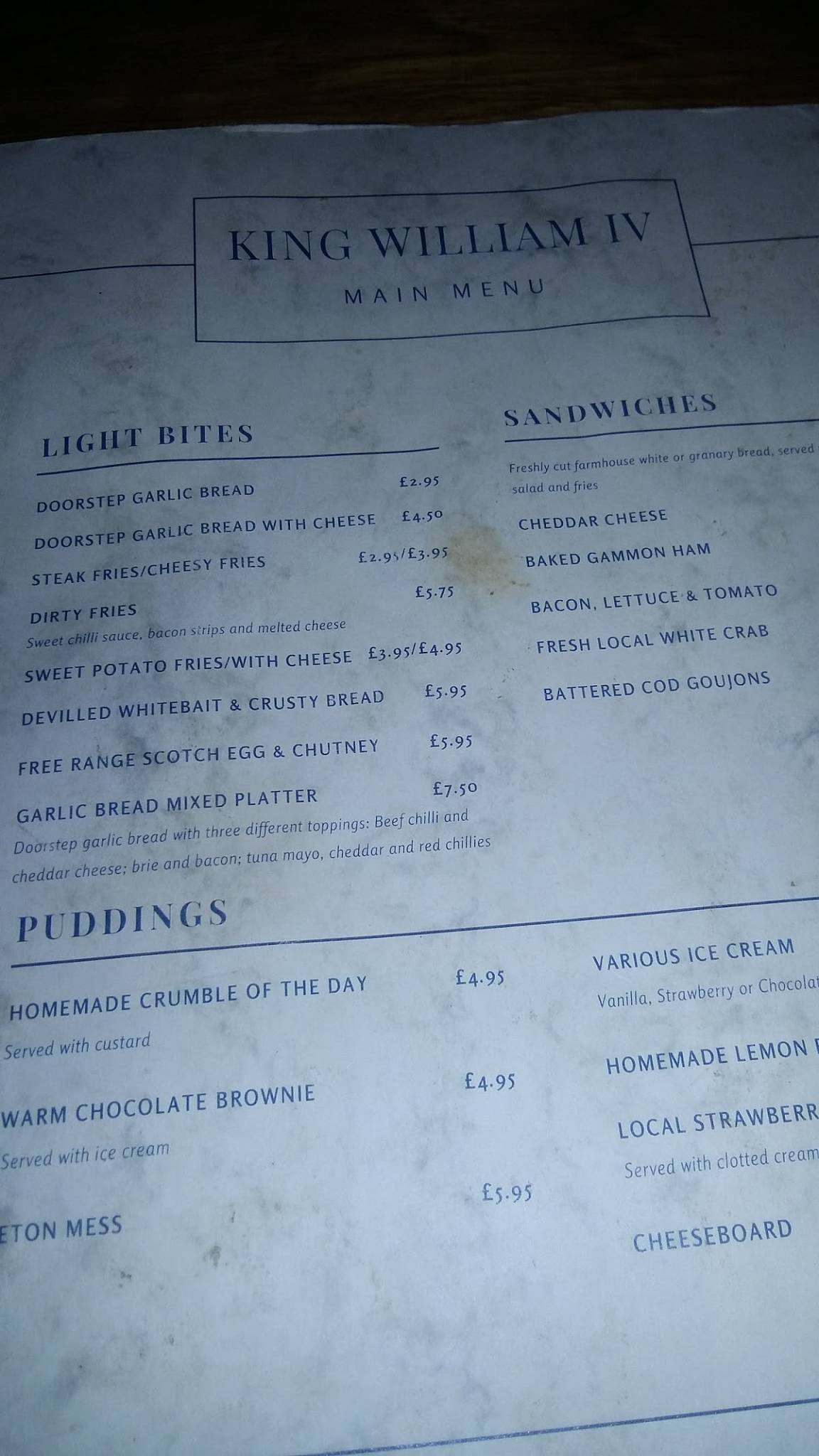 Menu at King William IV pub & bar, Totnes