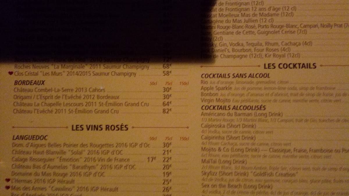 Menu au Le Poisson Rouge restaurant, Frontignan, 32 Rue Paul Riquet