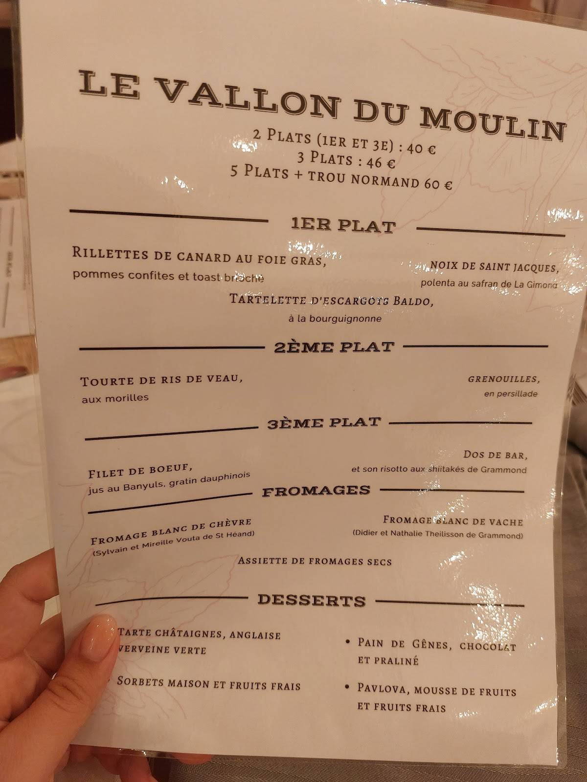 Menu au Le Vallon du Moulin restaurant, La Gimond