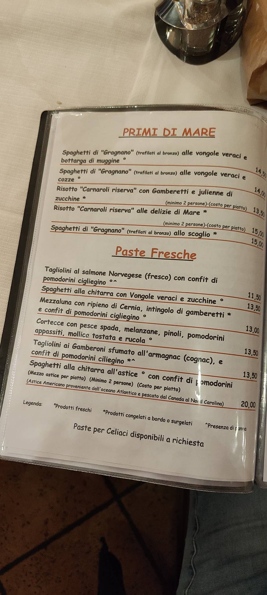 Menu da Chariot ristorante, Malnate