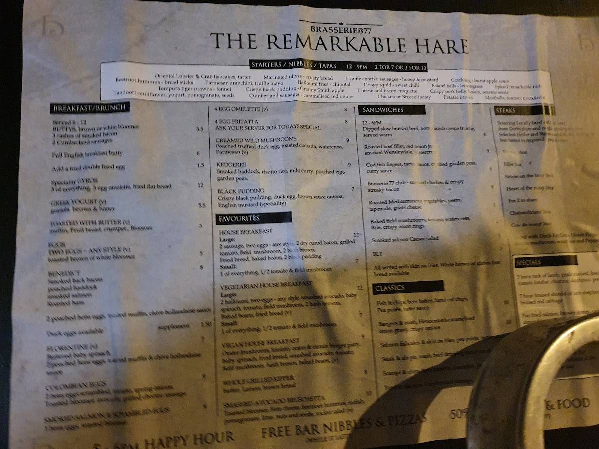 Menu at Remarkable Hare pub & bar, Matlock
