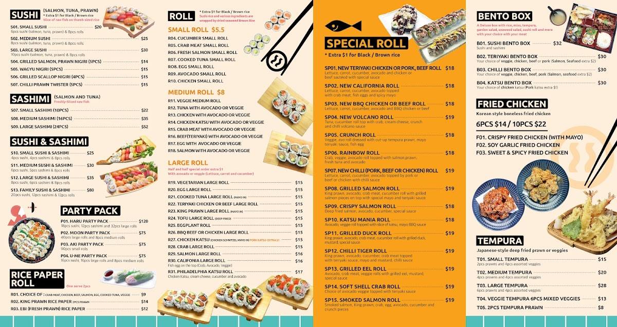 Menu at Moon's Sushi restaurant, Menai