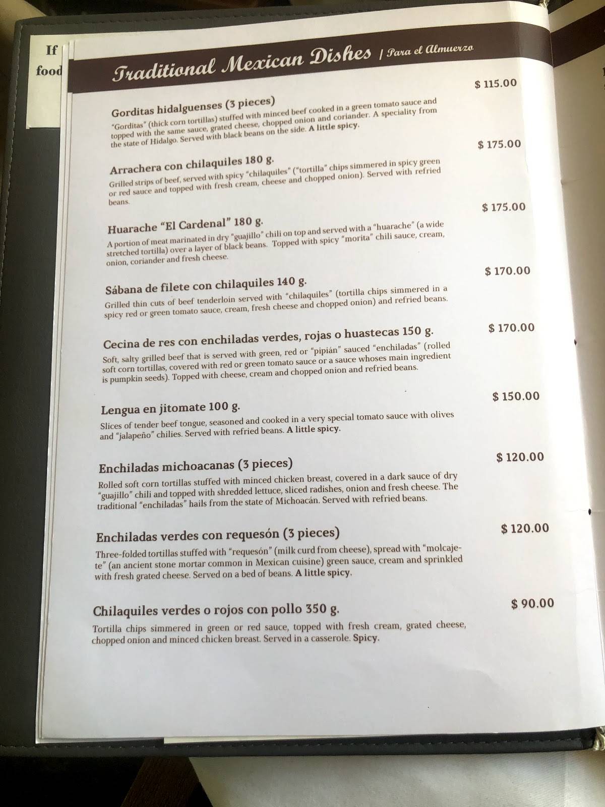 Carta del restaurante El Cardenal del San Ángel, Ciudad del México, Av ...