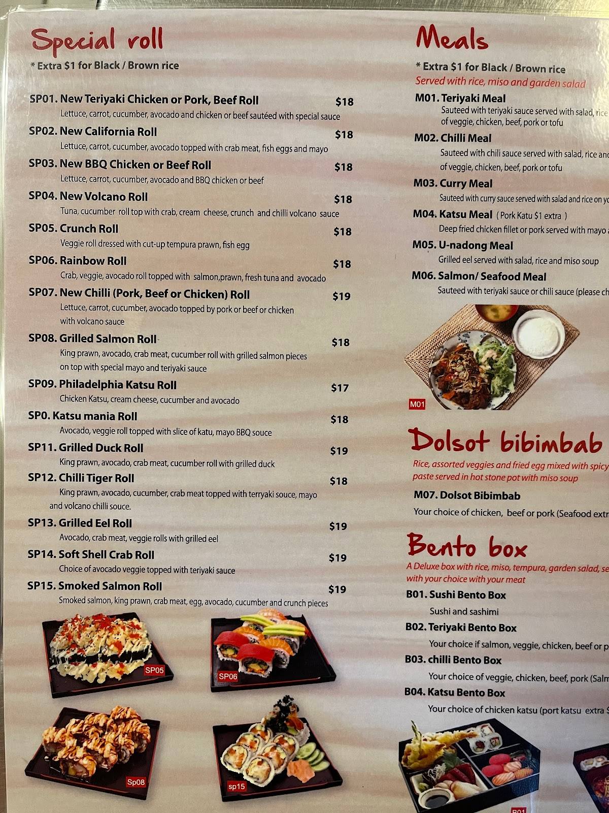 Menu at Moon's Sushi restaurant, Menai