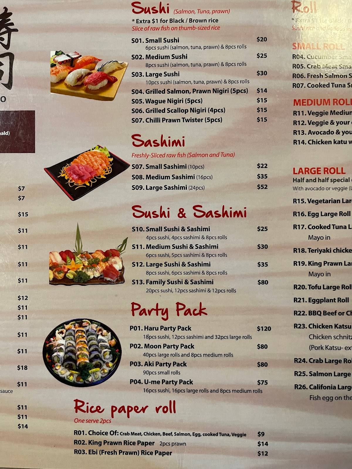 Menu at Moon's Sushi restaurant, Menai