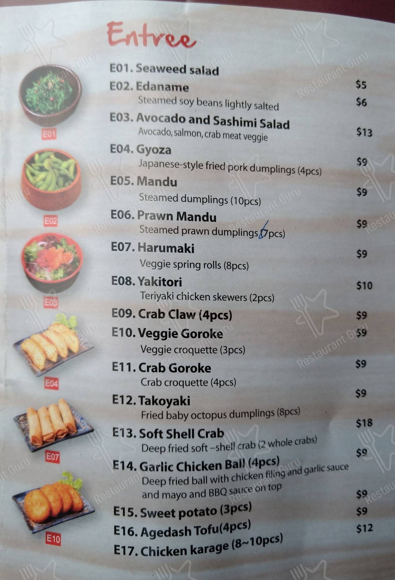 Menu at Moon's Sushi restaurant, Menai