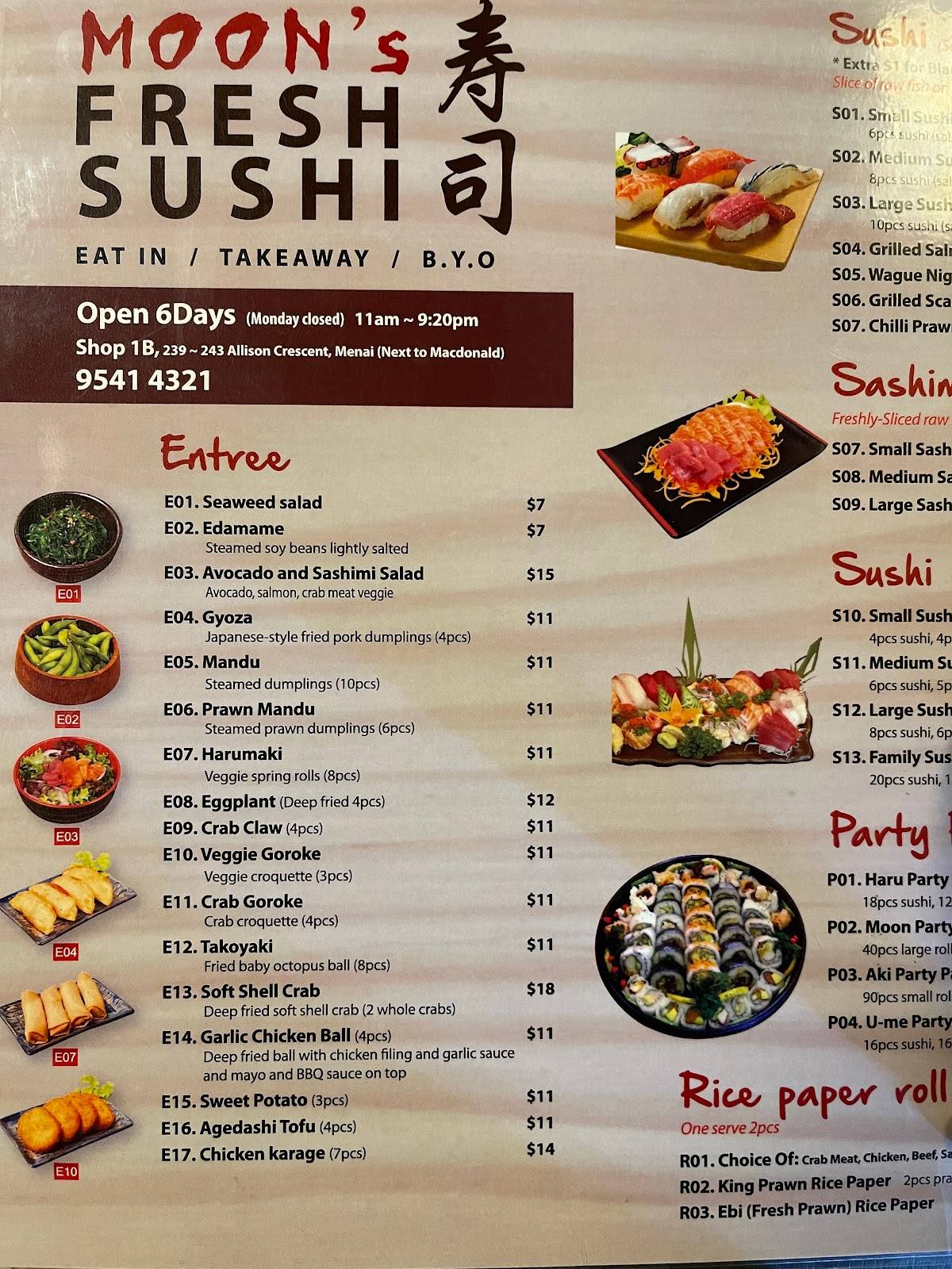 Menu at Moon's Sushi restaurant, Menai