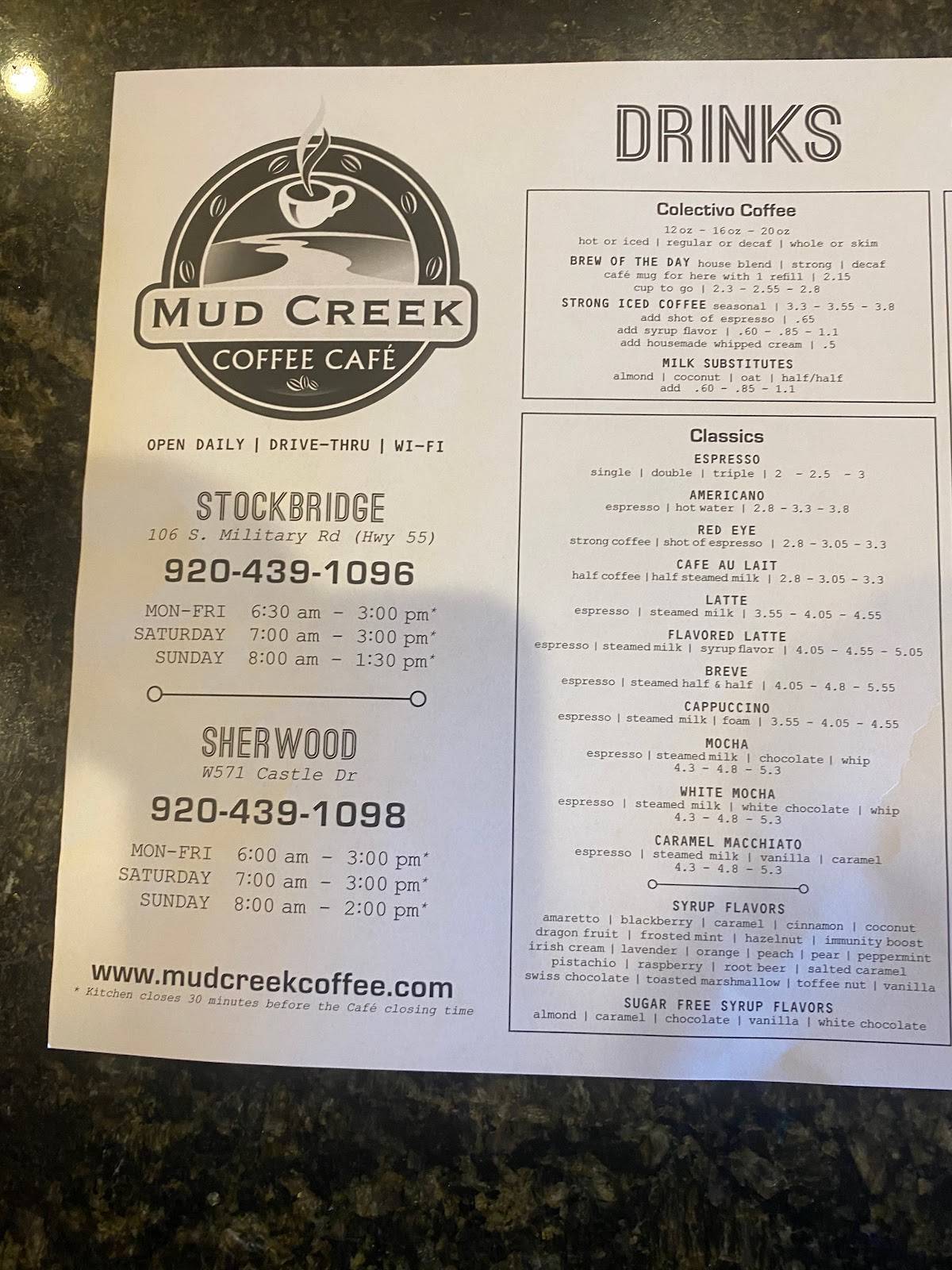 Menu at Mud Creek Coffee cafe, Stockbridge