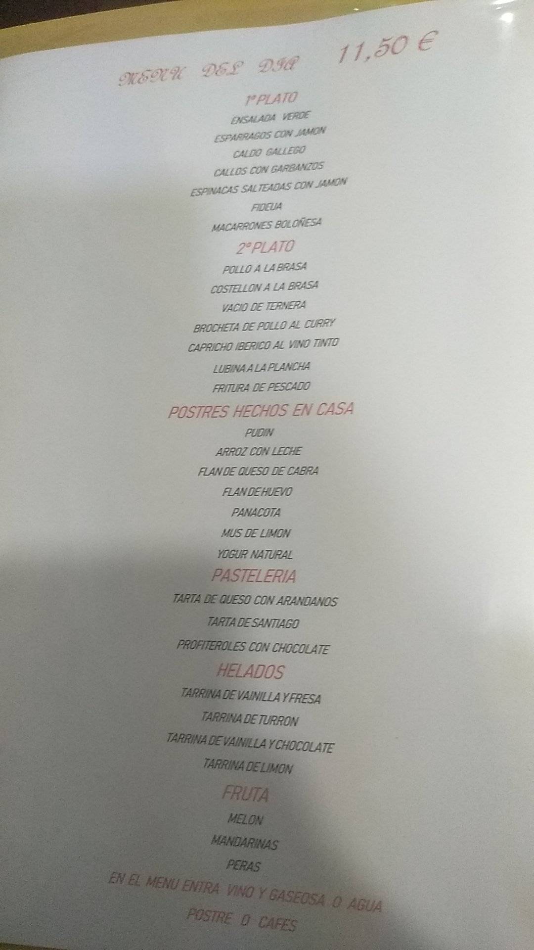 Carta de Restaurante O'Pote, San Andrés de la Barca