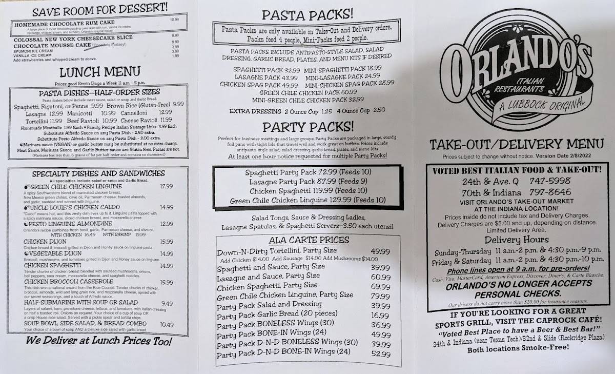 Menu at Orlando's Italian Restaurant, Lubbock, Avenue Q