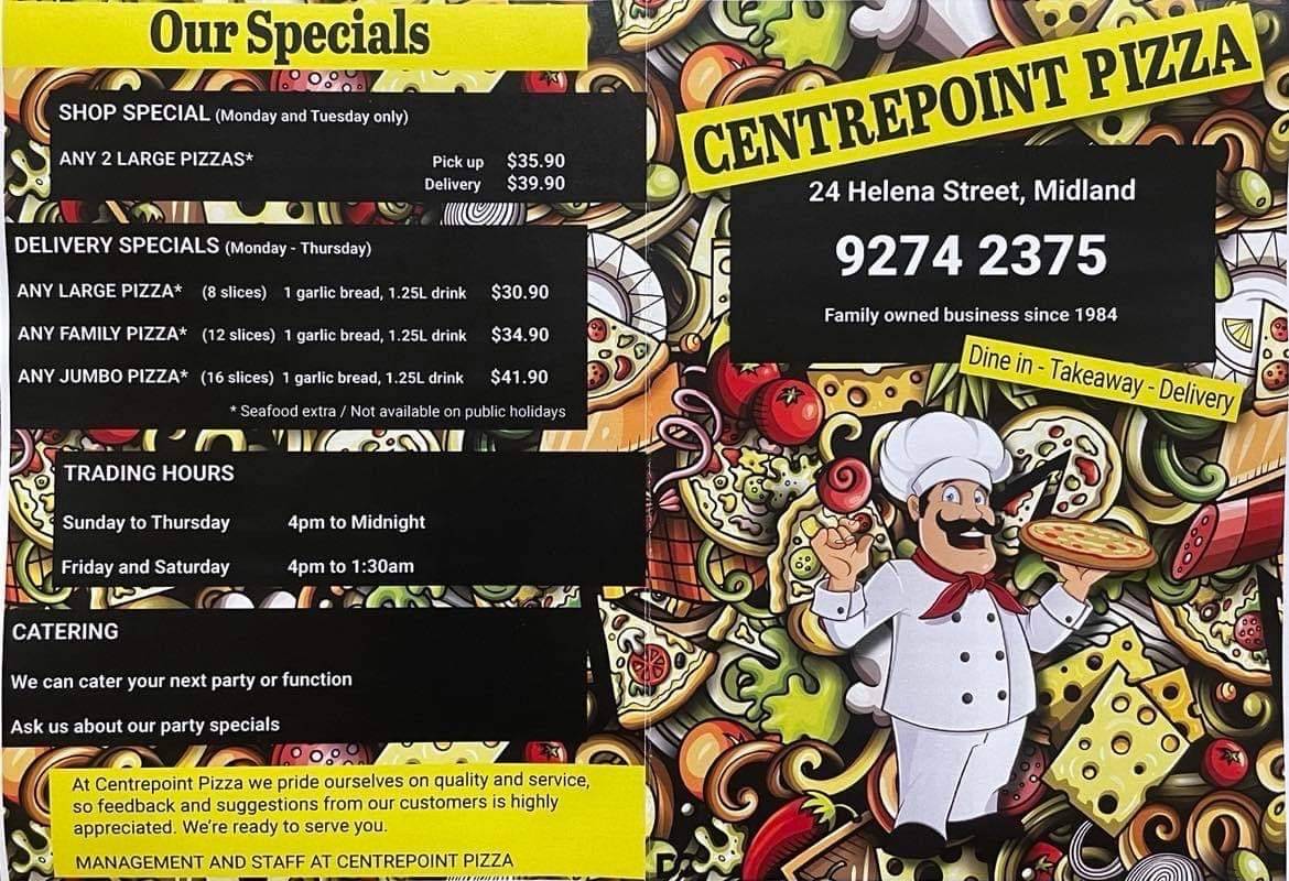 Menu at Centrepoint Pizza pizzeria, Midland