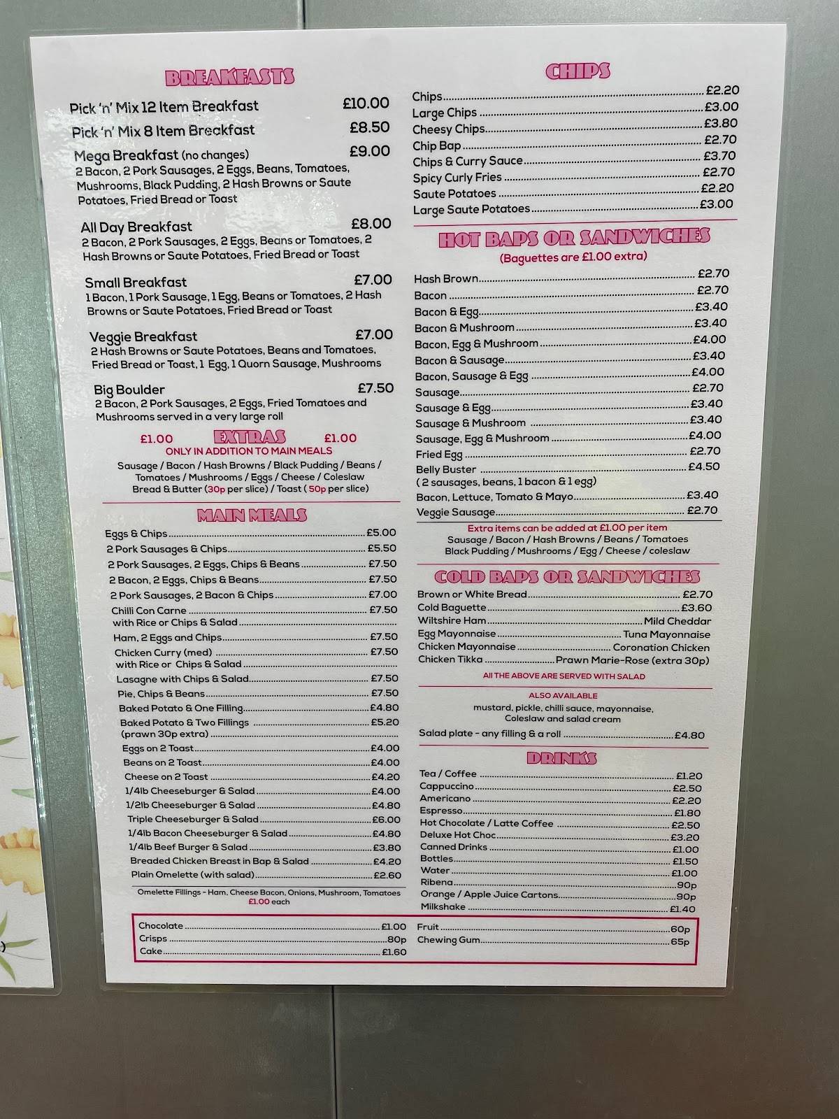 Menu at Porkys cafe, Radstock