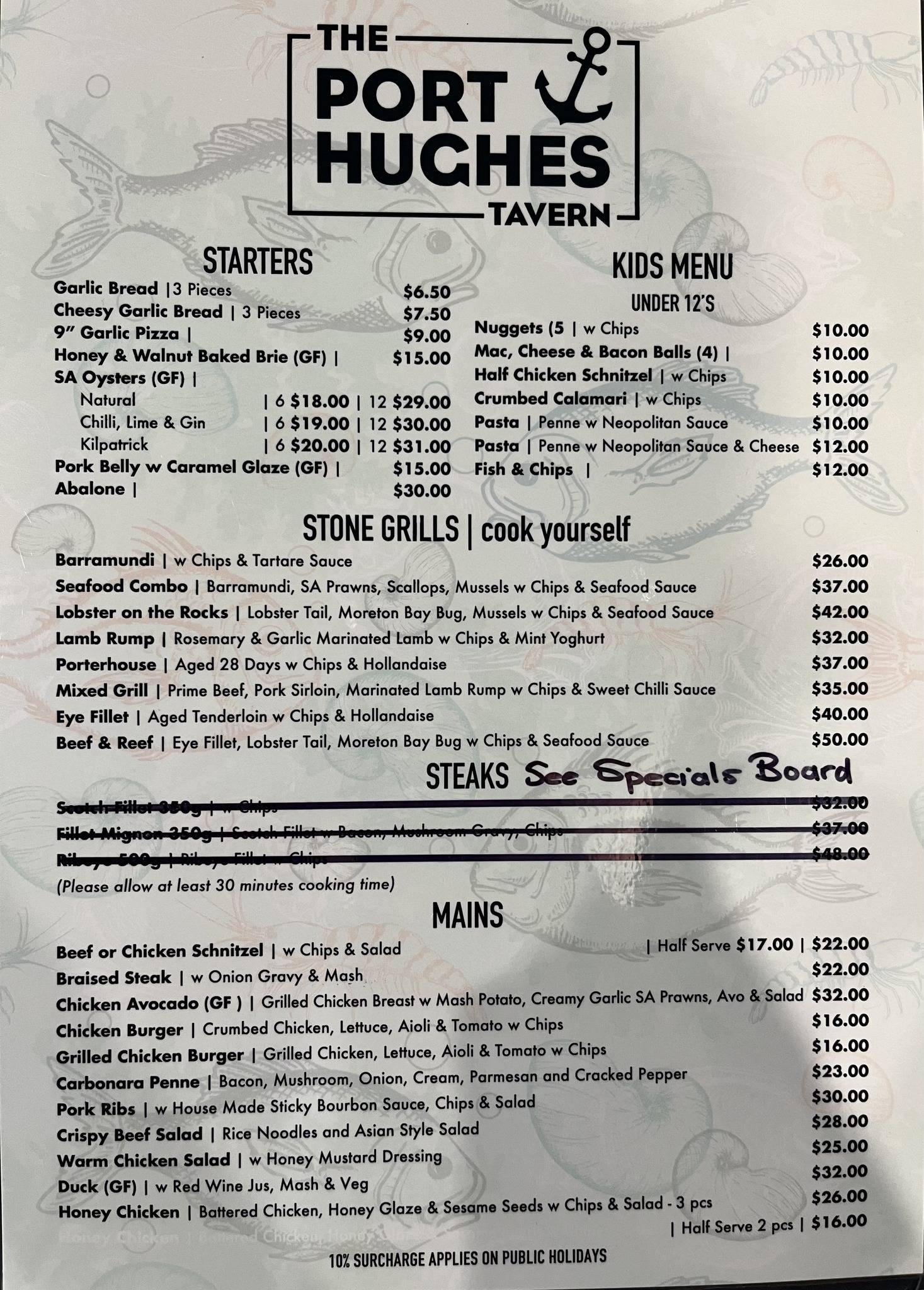Menu at The Port Hughes Tavern restaurant, Port Hughes