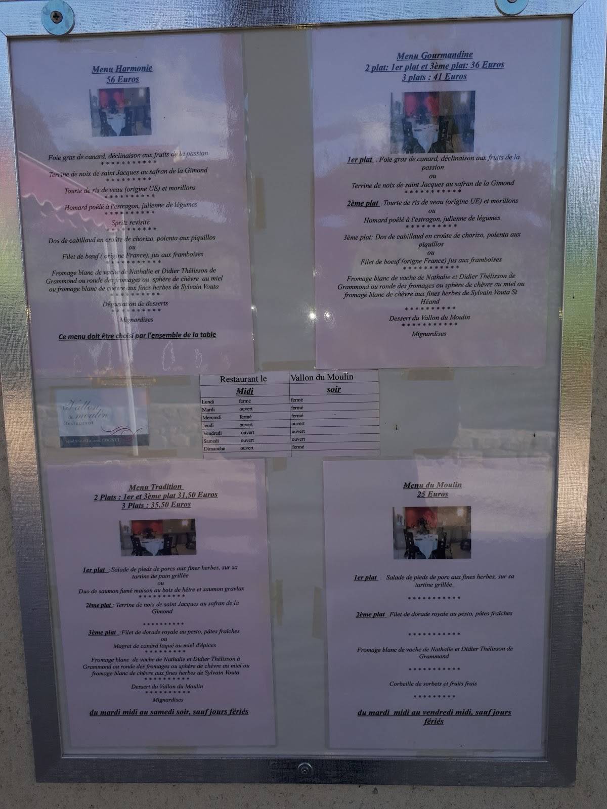 Menu au Le Vallon du Moulin restaurant, La Gimond