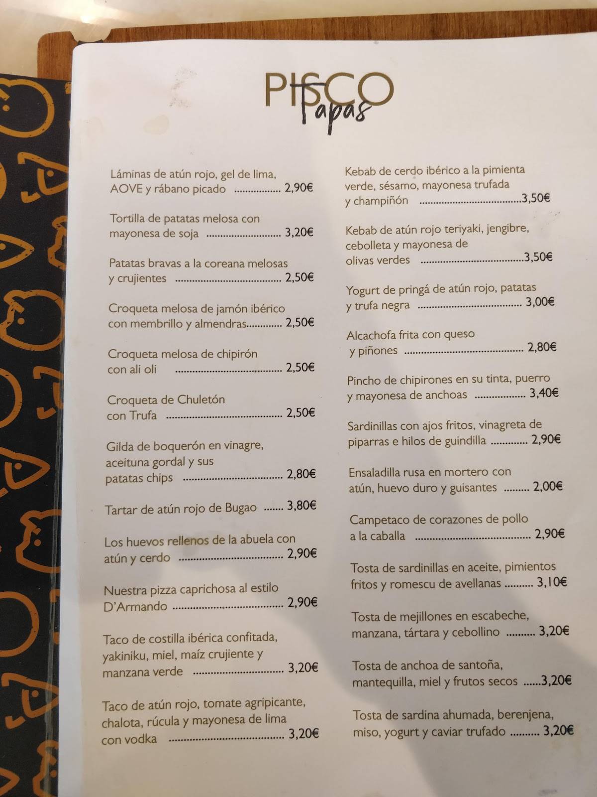 Carta de Piscolabis Gastrobar Ceuta, Ceuta