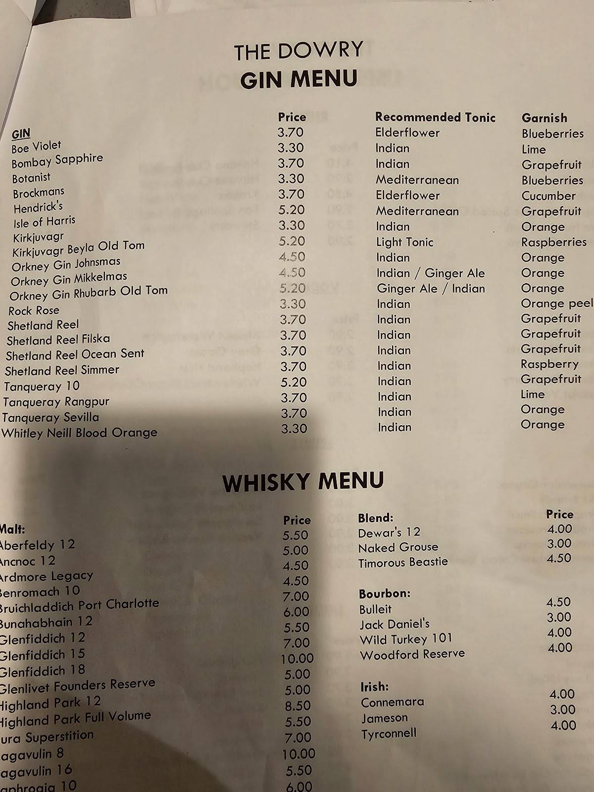 Menu at The Dowry pub & bar, Lerwick