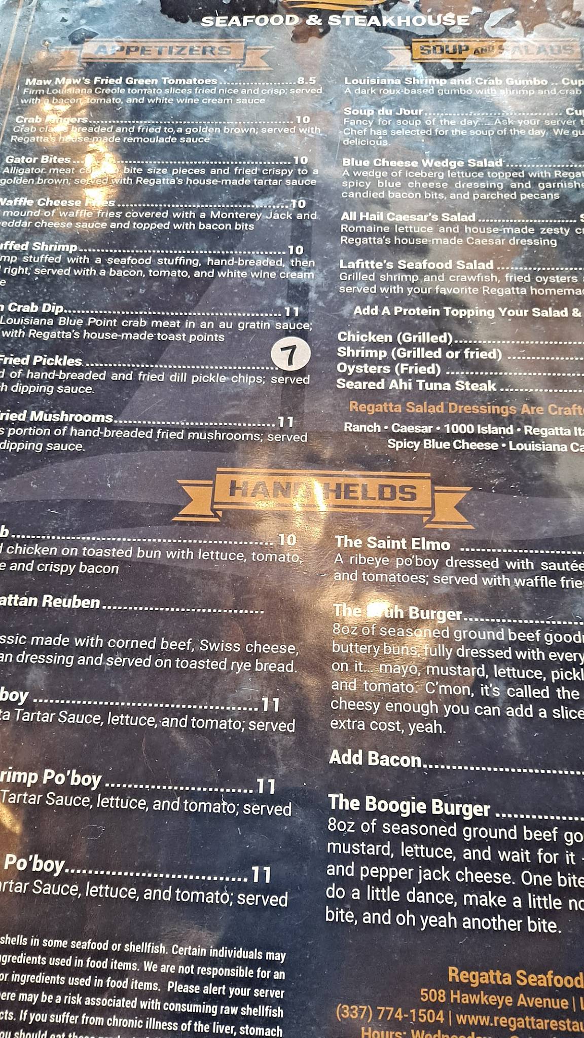 Menu at Regatta Seafood and Steakhouse, Lake Arthur