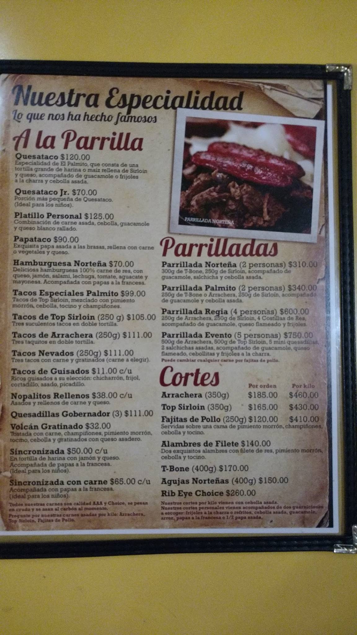 Carta del restaurante El Palmito, Monterrey, Av. Eugenio Garza Sada #3973