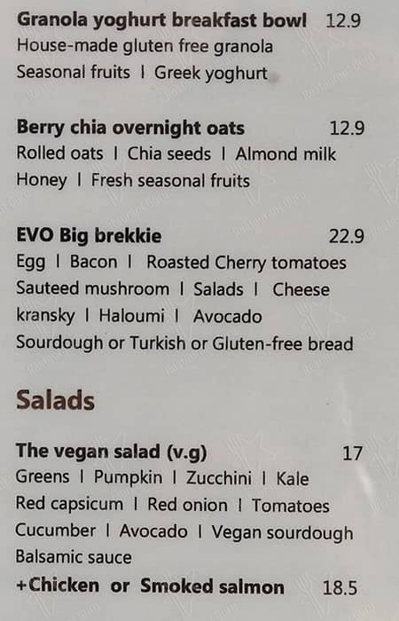 Menu at Evo Cafe, Yeronga